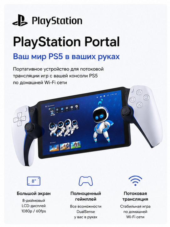 Портативное игровое устройство Sony PlayStation Portal для PS5, 8″ Full HD, 60 Гц, Remote Play, Wi-Fi