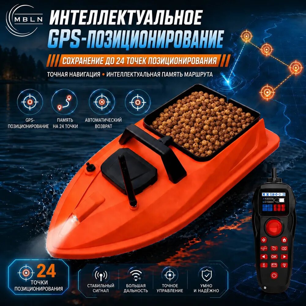 Мини-лодка для прикормки MBLN с GPS 24 путевые точки, навигация Beidou/GPS, автоматический возврат, круиз-контроль, тихий двухмоторный двигатель, датчик температуры воды, светодиодная подсветка