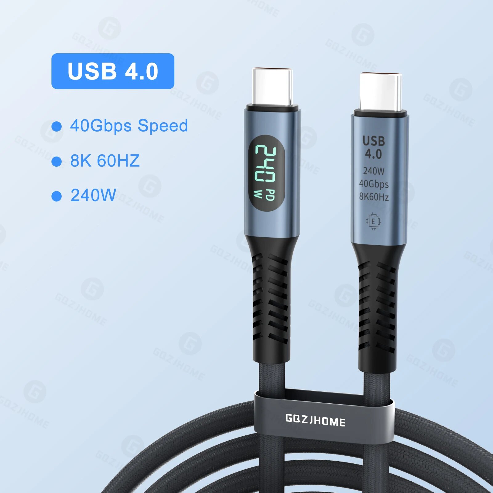 USB 4.0 кабель 100см с LED дисплеем, 40 Гбит/с, 240 Вт, 8K 60Гц