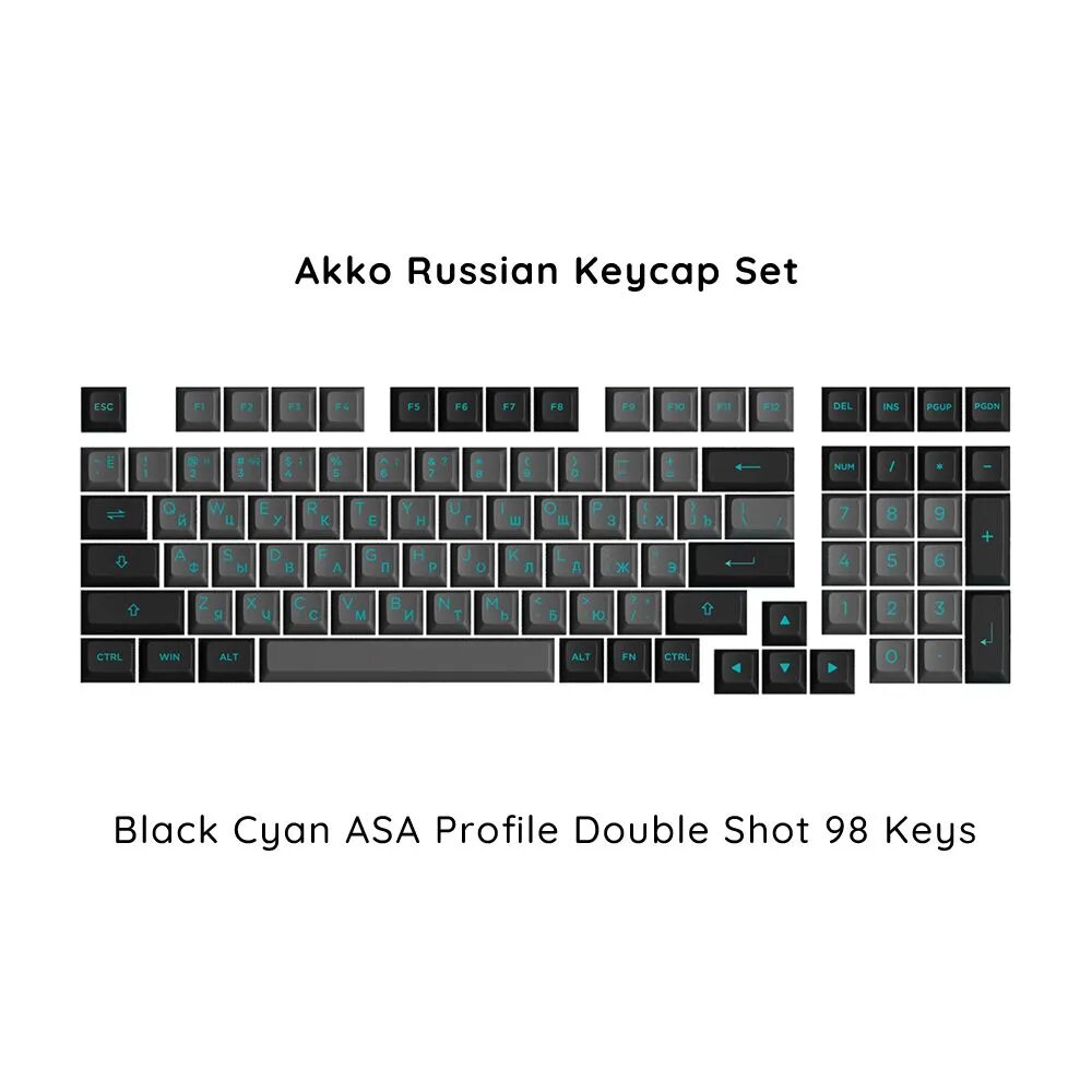Колпачки для клавиш Akko Russian, черно-синие, PBT, двойное литье, 98 штук