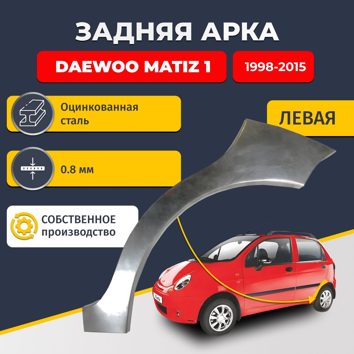 Левая задняя ремонтная арка для автомобиля Daewoo Matiz 1 1998-2015 г. (Дэу / Деу Матиз 1). Оцинкованная сталь 0,8мм.