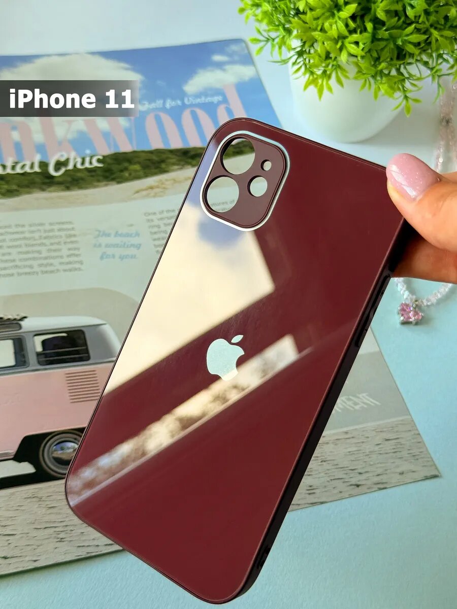 Чехол на iPhone 11 стеклянный темно-бордовый глянцевый бампер
