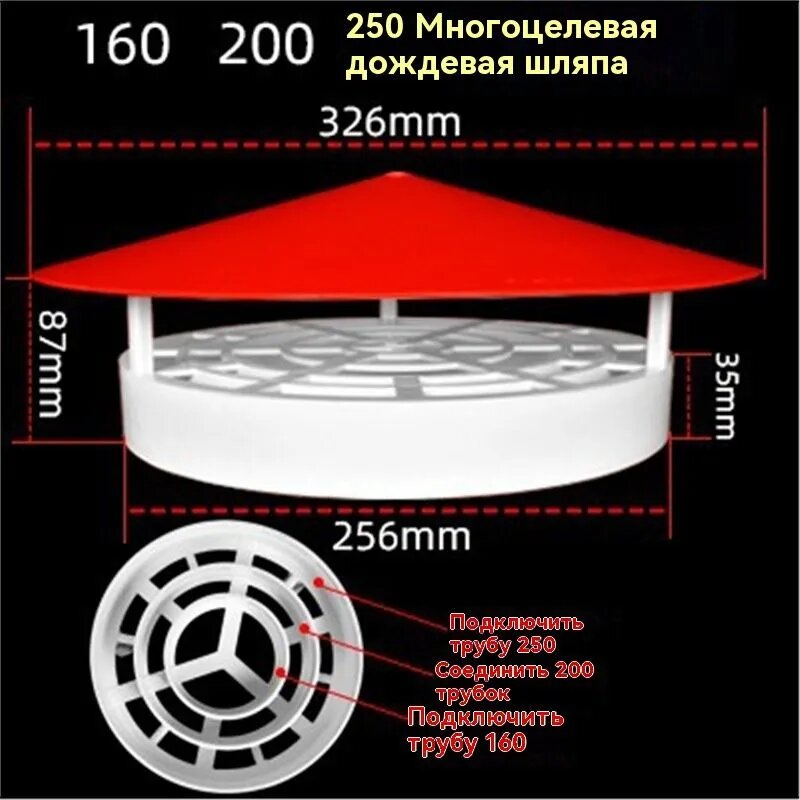 PVC вентиляционная крышка универсальная, красная, размеры 160-200-250 мм