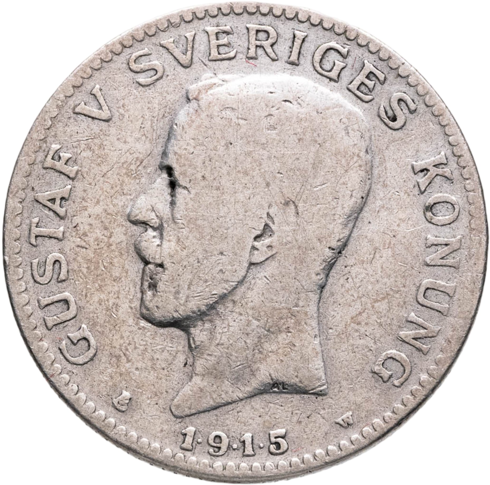 Швеция 1 крона krona 1915, Серебро 800, в сохранности VF