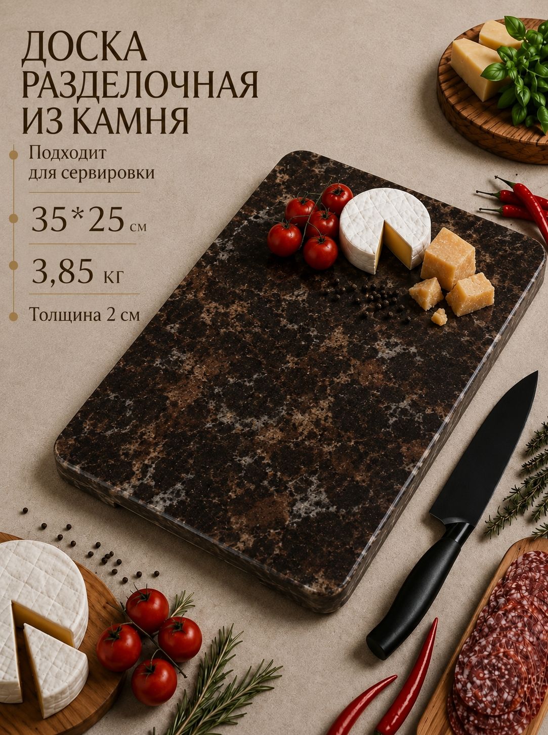 Каменная разделочная доска 35*25*2 см, сервировочная доска из камня для нарезки и подачи блюд