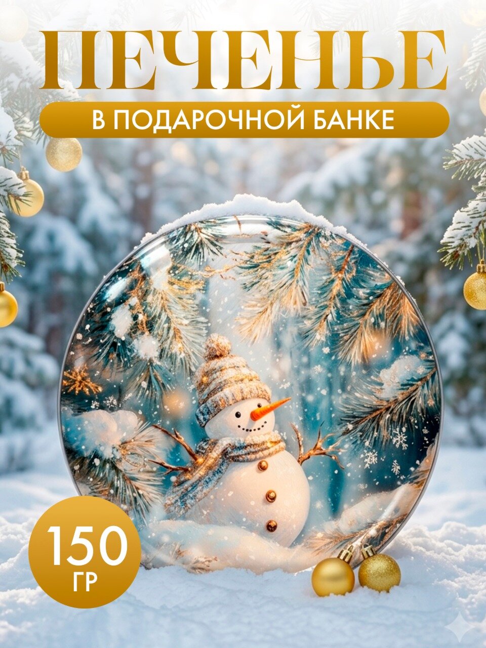 Печенье сдобное новогоднее с изображением Снеговика, ж/б, 150 г