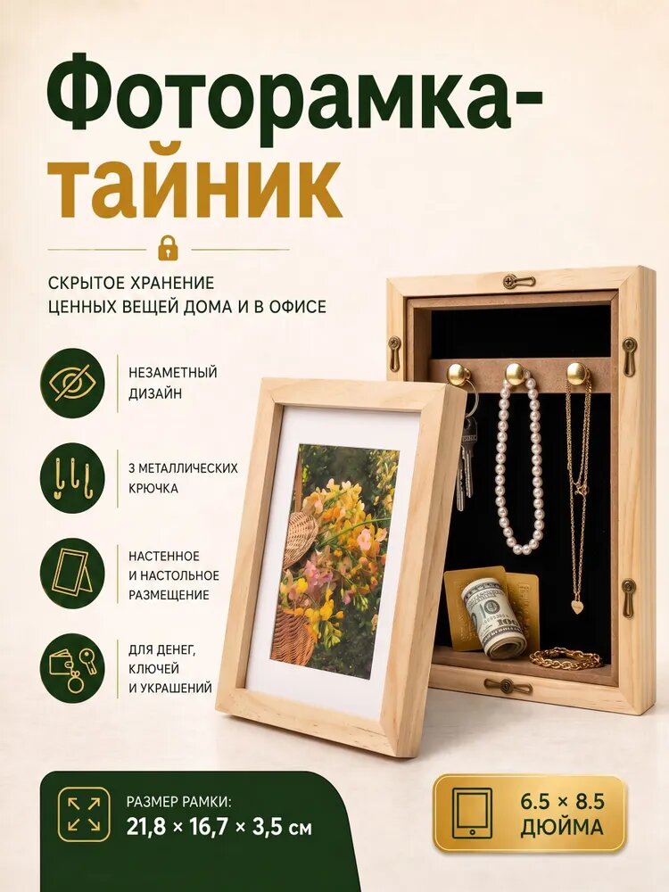 Фоторамка-тайник настенная / Скрытый мини-сейф для денег, ключей и украшений