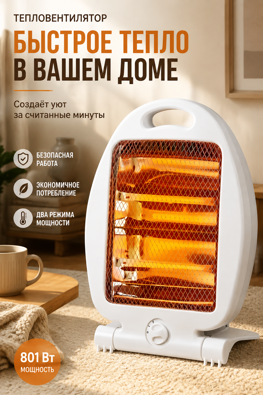 Напольный и настольный тепловентилятор 801 Вт, 2 режима, для помещения до 35 м²