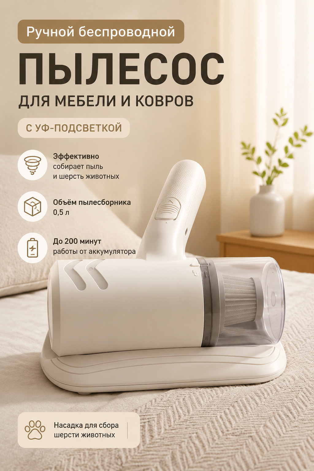 Ручной беспроводной пылесос для мебели и ковров, с УФ-подсветкой, 0.5 л, бежевый