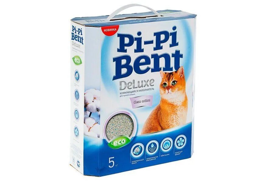 Pi-Pi Bent DeLuxe Clean Cotton / Наполнитель ПиПиБент для кошачьего туалета Комкующийся Чистый хлопок, 5кг