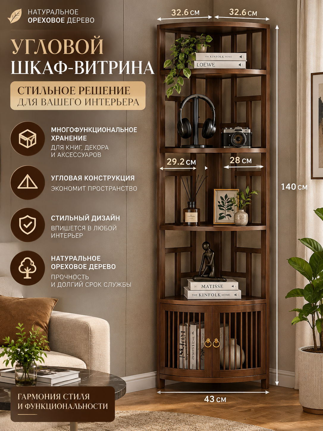 Угловой шкаф из орехового дерева для стильного интерьера-Шкаф-витрина