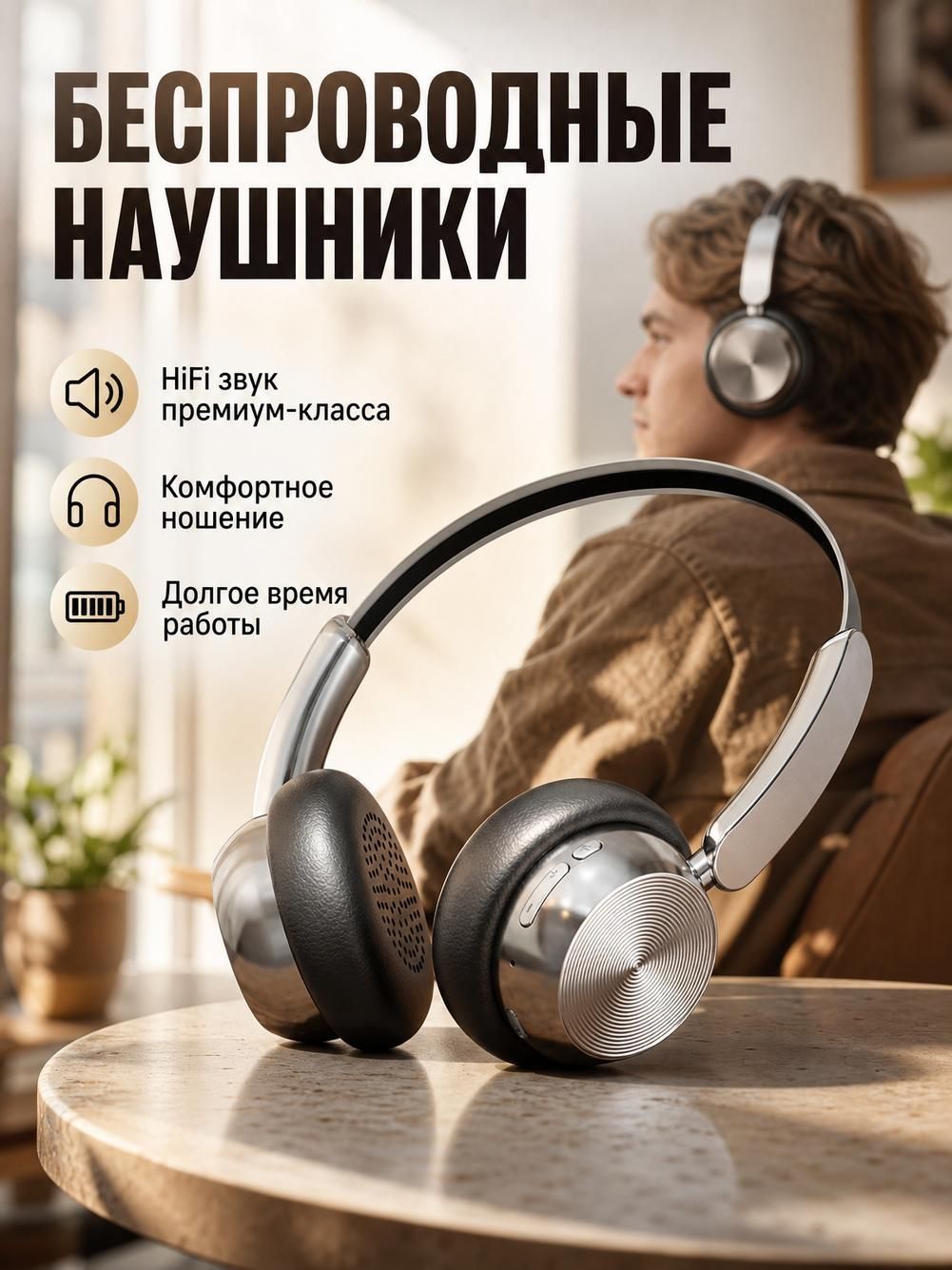 Беспроводные Bluetooth наушники накладные, Hi-Fi стерео гарнитура с микрофоном