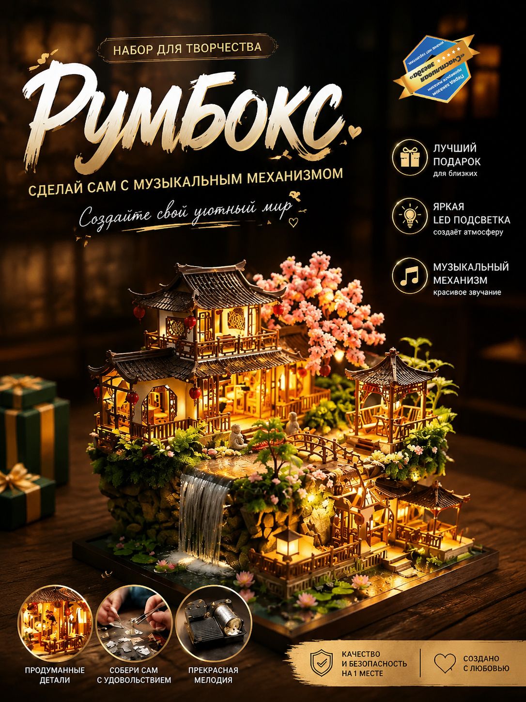 Румбокс DIY "Миниатюрный дом" с музыкальным механизмом Подарочный набор для сборки китайской виллы с защитным колпаком