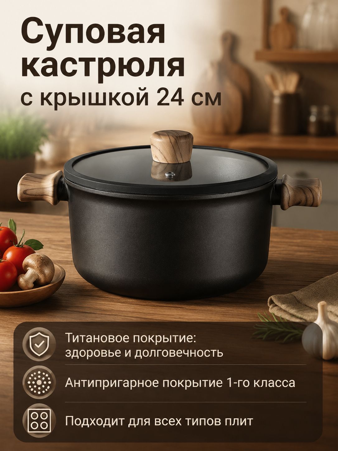 Суповая кастрюля с крышкой, 24 см, 5 л, титановое антипригарное покрытие, для индукционных и газовых плит