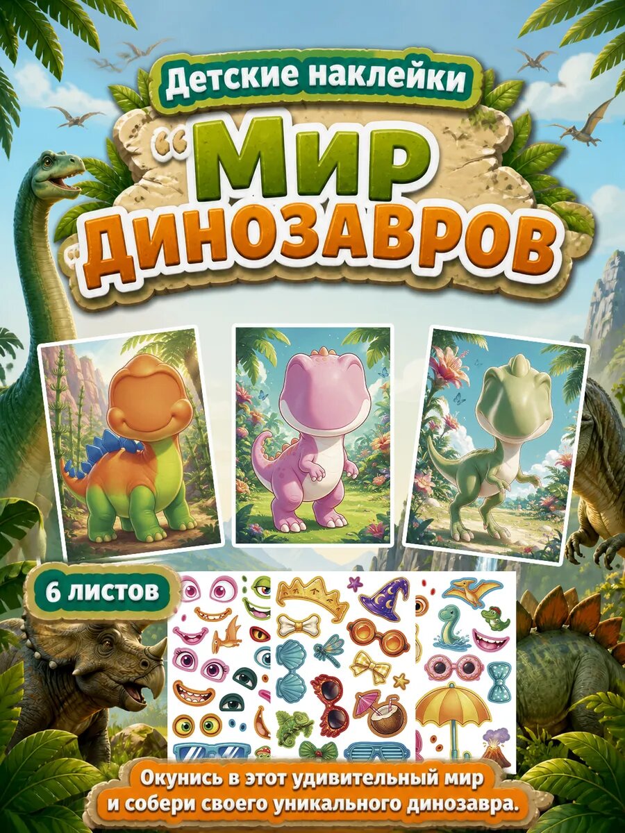 Набор развивающих наклеек "Мир динозавров" 6 листов