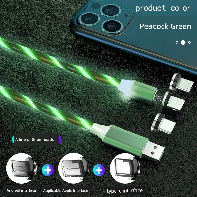 Магнитный кабель 3 в 1 с персиковым зеленым цветом, длина 1 метр, включая USB-C и Lightning порты