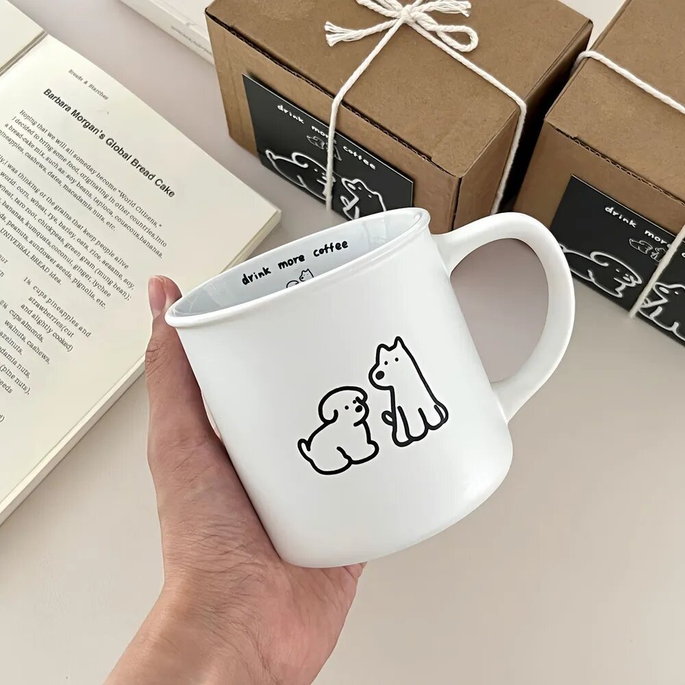 Кружка с принтом "drink more coffee" и милыми собаками, 350 мл, керамика, кремовый — фото 1