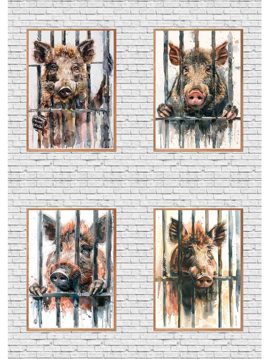Дикий кабан-животное-преступник в тюрьме, 4 Плаката, 30x21с