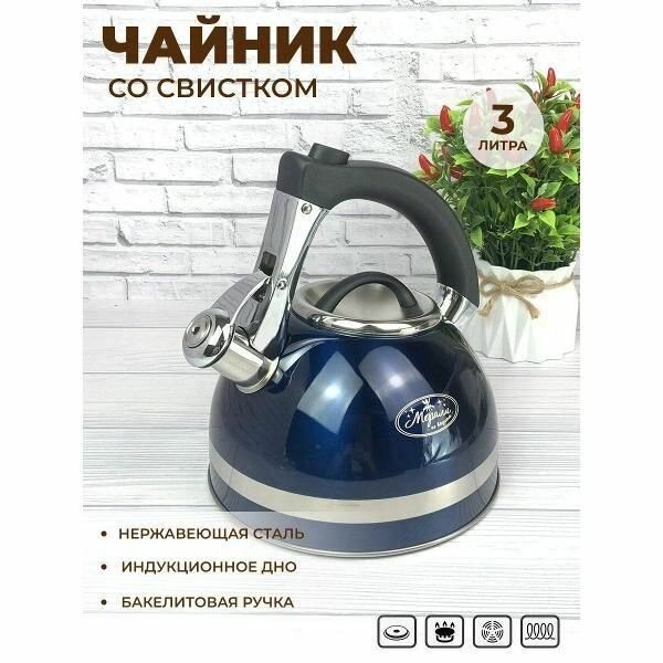 Чайник Мерали ЧН-30-08-С, 3 л, для всех видов плиты со свистком из нержавеющей стали, синий