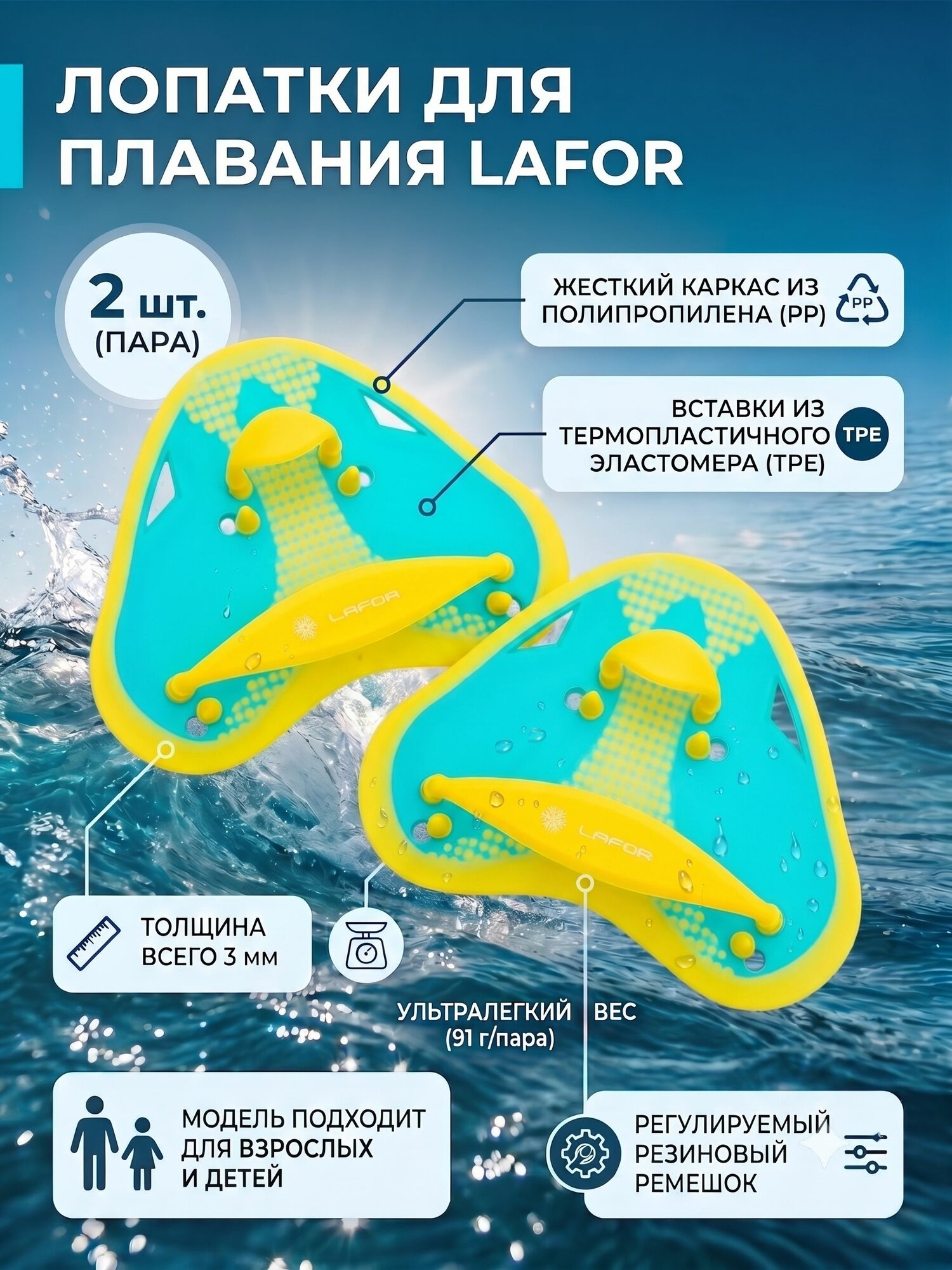 Лопатки для плавания в бассейне и на открытой воде Lafor, тренажер для плавания на руки взрослый