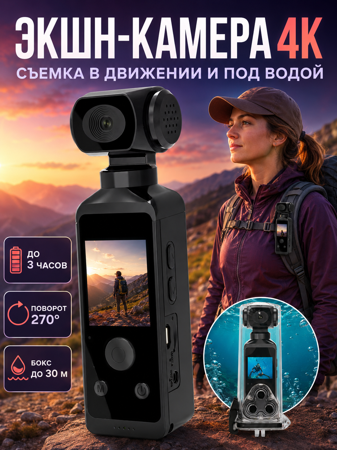 Карманная экшн-камера 4K Wi-Fi с ЖК дисплеем, микрофоном и чехлом для дайвинга