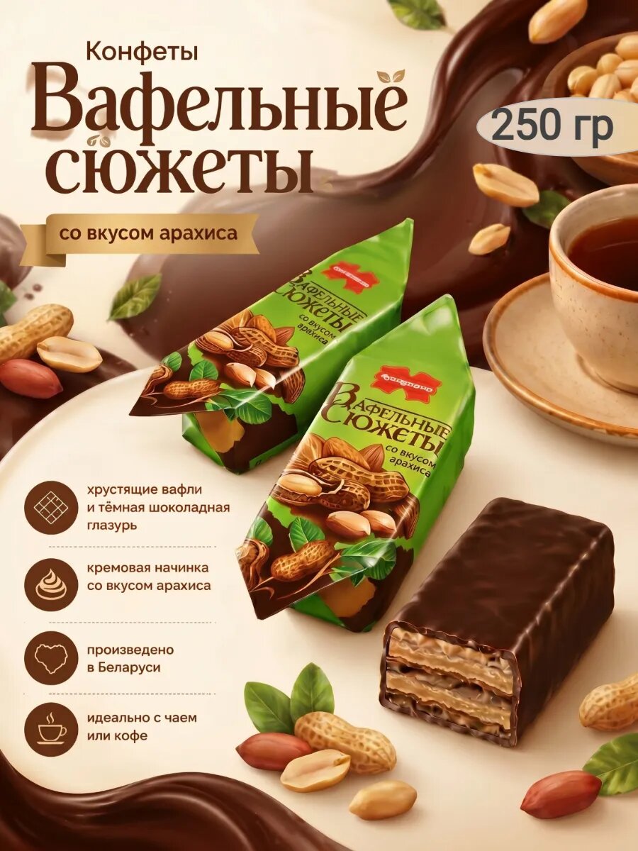 Конфеты «Вафельные сюжеты», вкус арахис,250гр