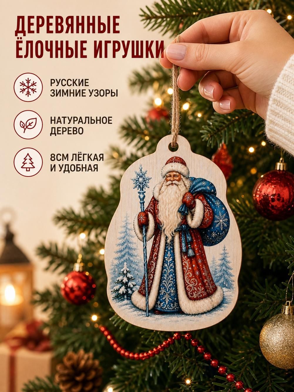 Деревянное елочное украшение со снегирем, 10 см