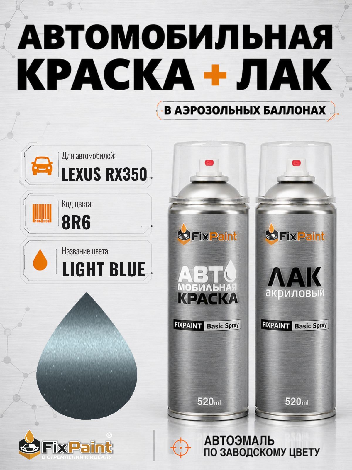 Краска и лак для LEXUS RX350, код 8R6, LIGHT BLUE, автомобильная эмаль базовая и акриловый глянцевый лак FixPaint в аэрозольных баллонах 520 мл