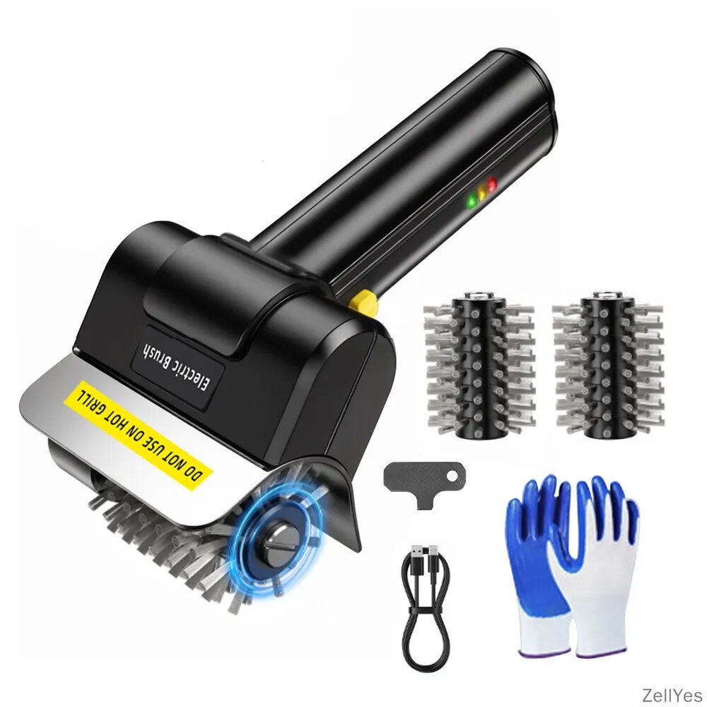 Cankypu Электрическая щетка для чистки гриля, 2 насадки, USB-кабель, ключ, металл/пластик, черный