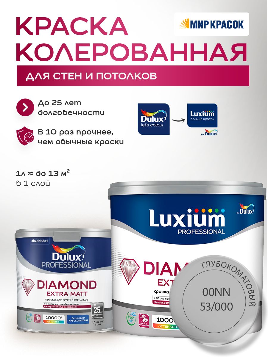 DULUX DIAMOND EXTRA MATT краска колерованная, для стен и потолков, глубокоматовая, цвет: 00NN 53/000 (2,5л)