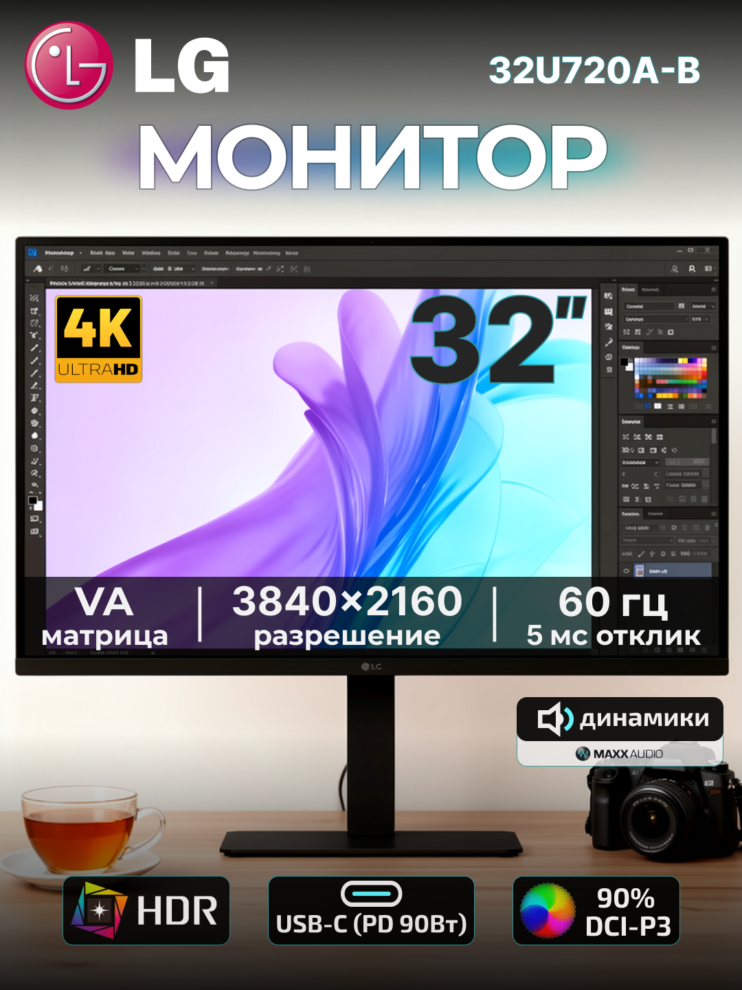 Монитор для ПК 31.5" LG UltraFine 32U720A-B (32U720A-B. ARUZ), VA, 3840x2160 4K, 60 Гц, черный