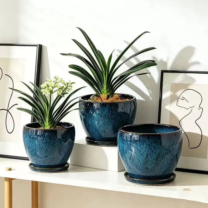 Каскад для цветов 21 л, 16 см, 1 шт, светло-синий, керамика, с поддоном