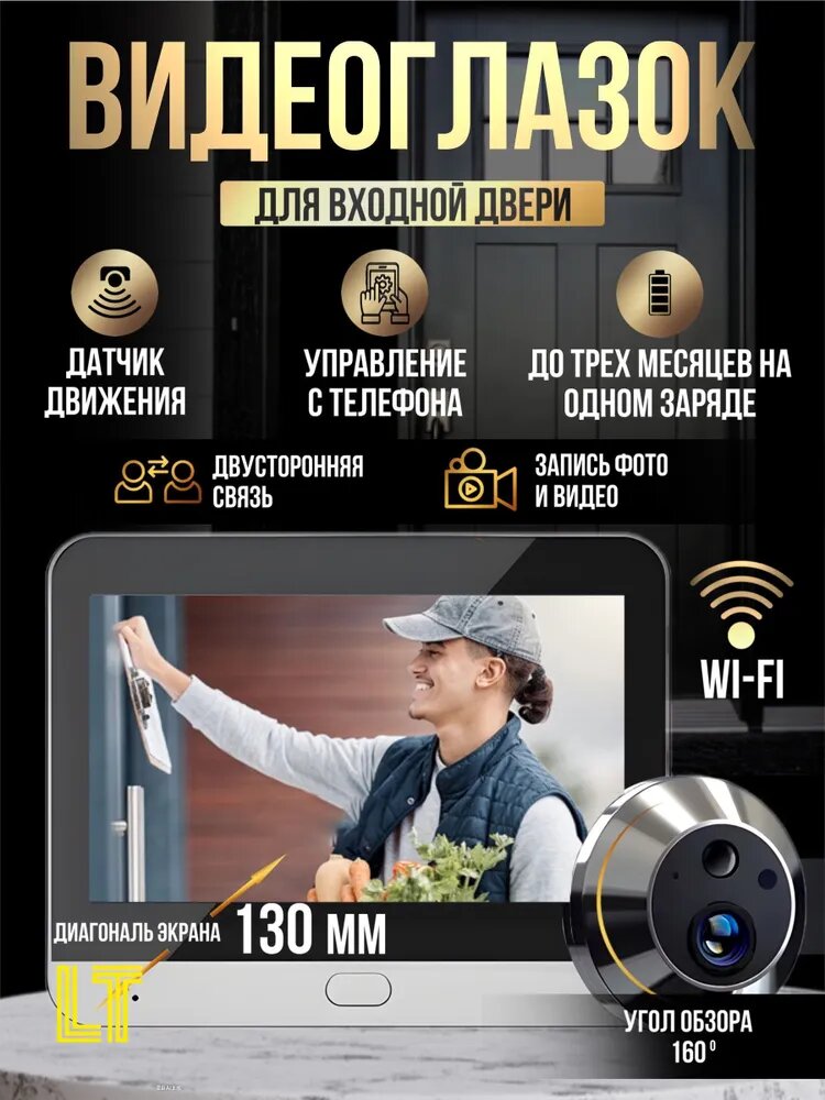Wi-Fi видеоглазок с двусторонней связью Tuya, 130 мм, угол обзора 160°, серый