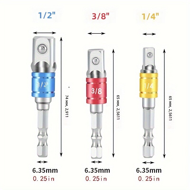 Адаптеры для бит и гнёзд, набор из 3 шт, размеры 1/4", 3/8", 1/2", серебристый, для шуруповёртов, трещоток, удлинителей и аккумуляторных гайковертов