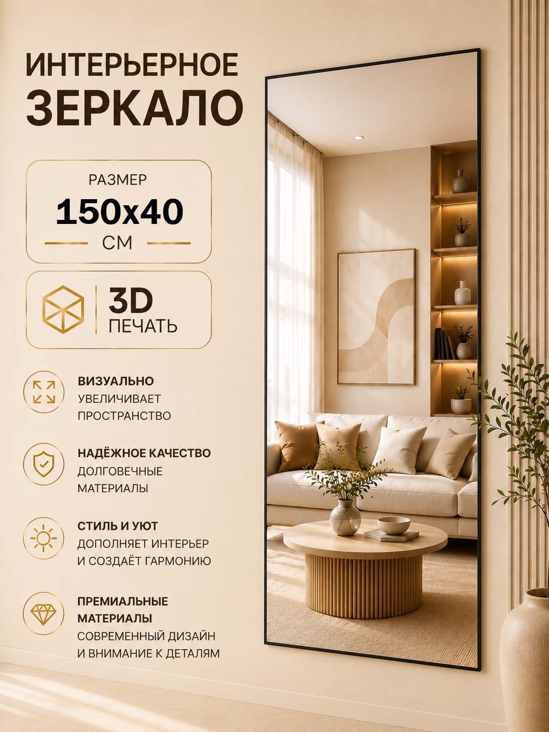 Зеркало настенное без подсветки с черной окантовкой 150х40