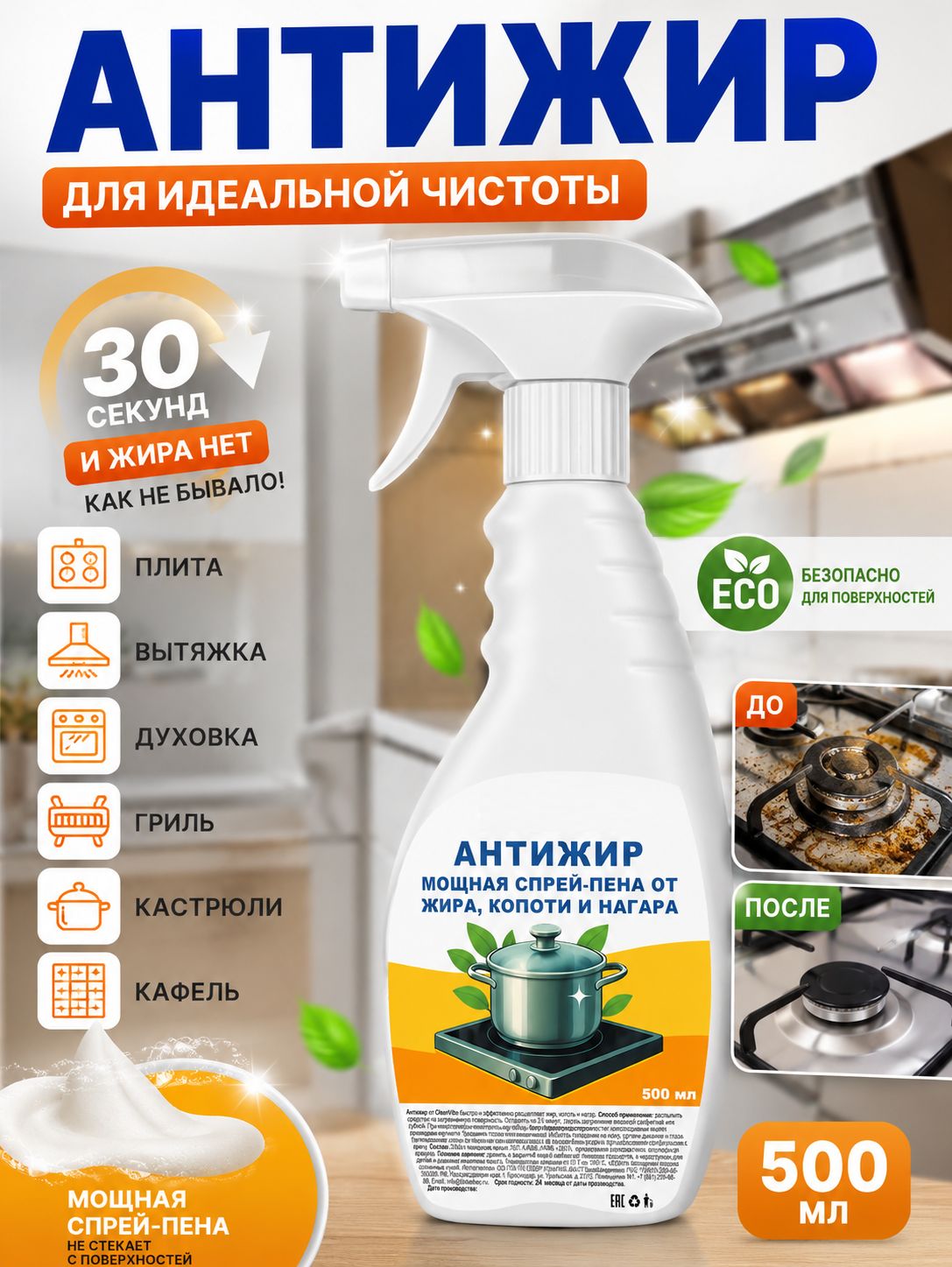 Антижир для кухни от жира, копоти и нагара Жироудалитель