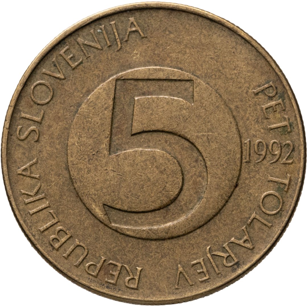 Словения 5 толаров 1992, Латунь, в сохранности VF