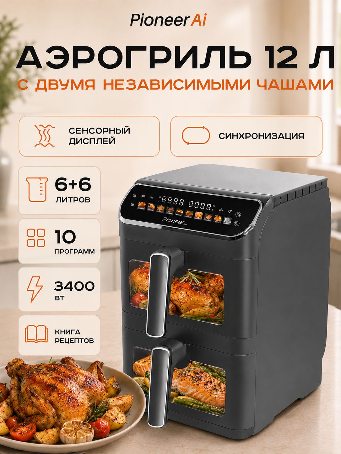 Pioneer Аэрогриль c двумя чашами по 6 л SM560D grey, 2 вентилятора, 60-200гр, цветной сенсорный дисплей, 10 автопрограмм, книга рецептов, 1700 Вт + 1700 Вт, серый