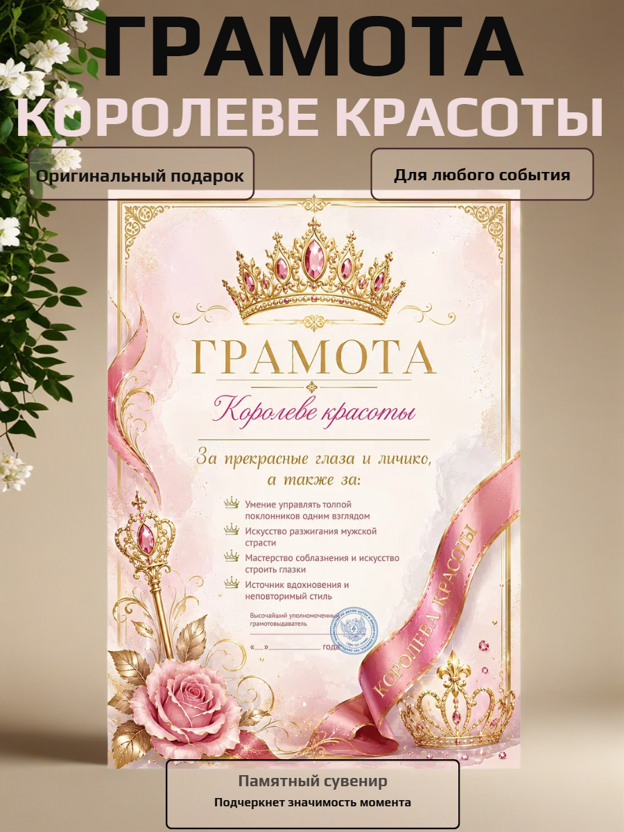 Грамота Филькина Грамота "Королева Красоты", А4, картон, 21x30 см, для женщин