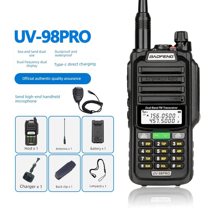 UV98PRO Водонепроницаемый двухсторонний радио, черный, прямая зарядка с кабелем Type-C и ручным микрофоном для
