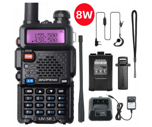 Радиостанция Baofeng UV-5R портативная 8 Вт, двухдиапазонная, с LCD дисплеем и аккумулятором 2800 мАч, дальность связи до 10 км