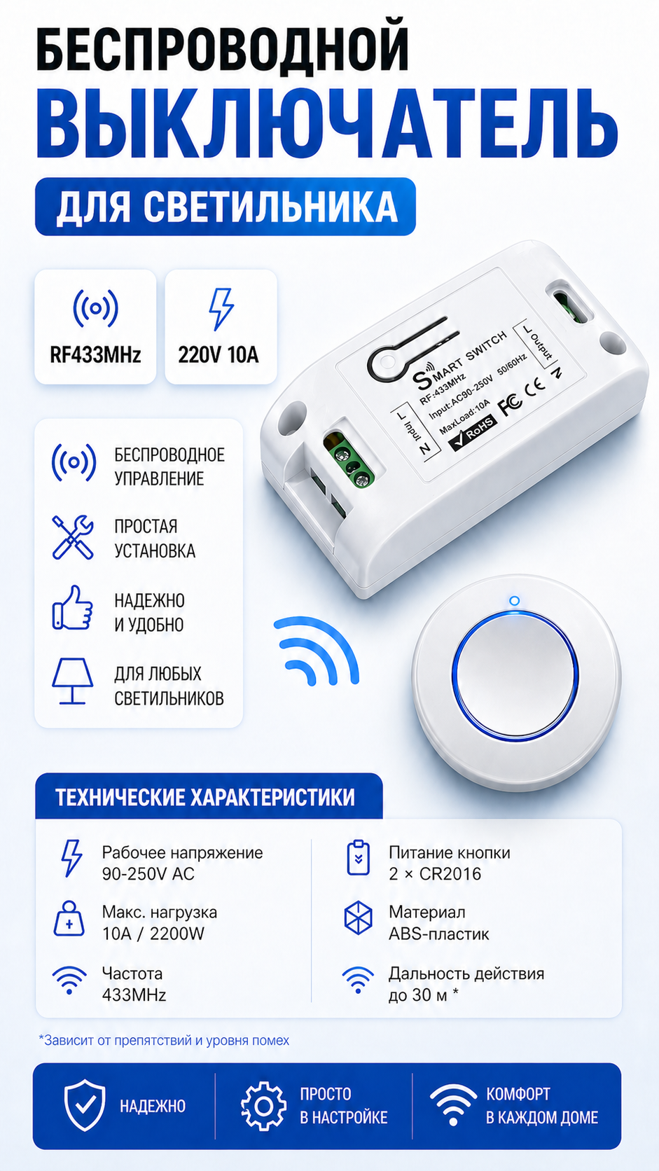 Дистанционный беспроводной выключатель для светильника RF433 220V 10A с пультом (СФ)