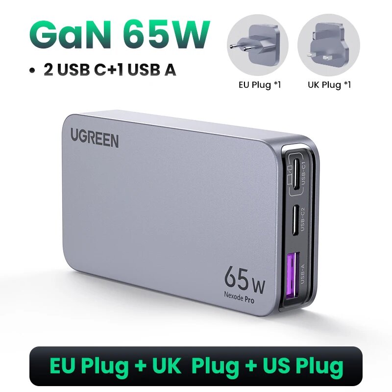 Зарядное устройство UGREEN 65W GaN с EU/US/UK вилкой
