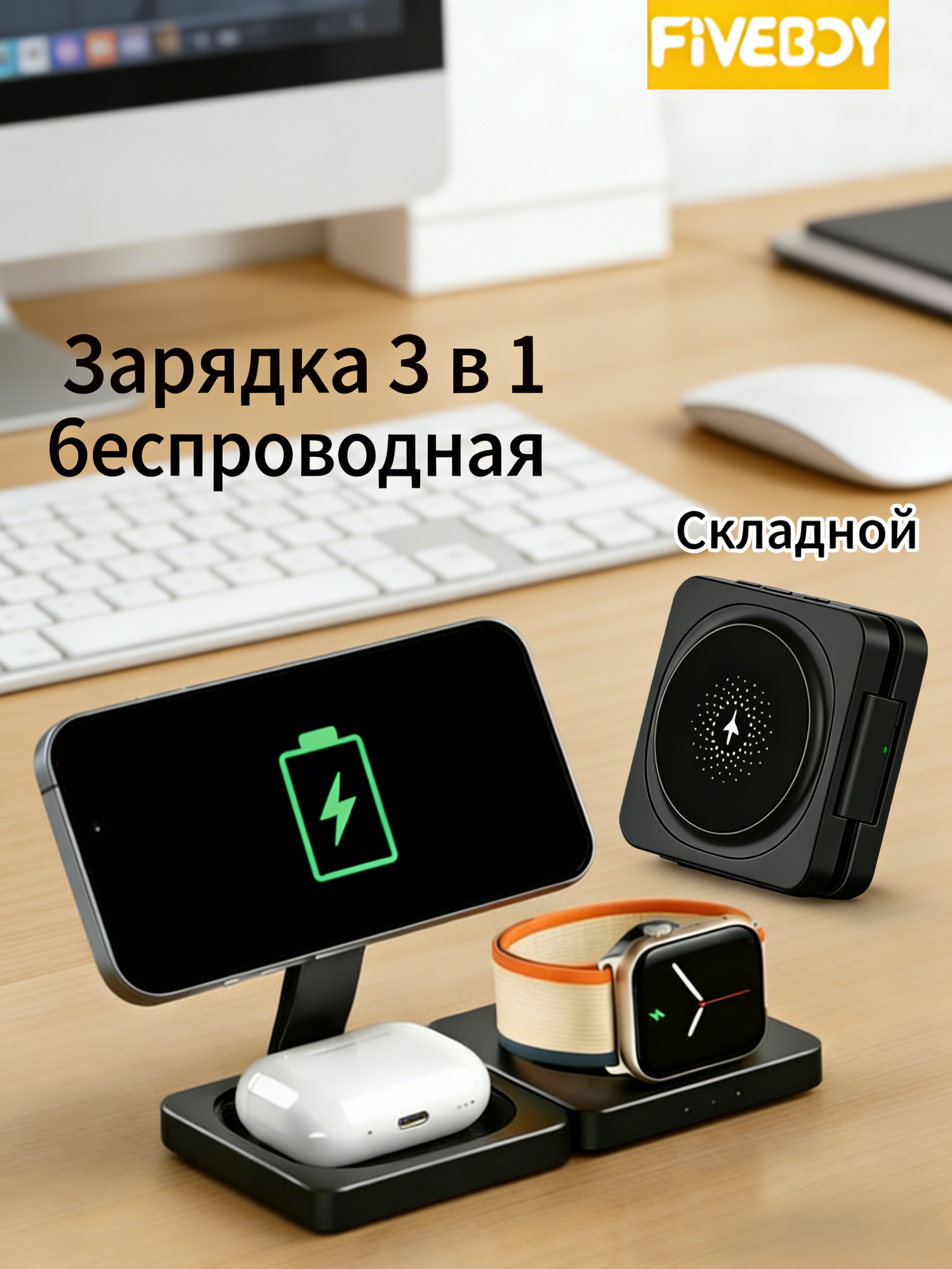 Беспроводная зарядка FIVEBOY, для iPhone/Apple Watch/AirPods, 3 разъема, USB-C