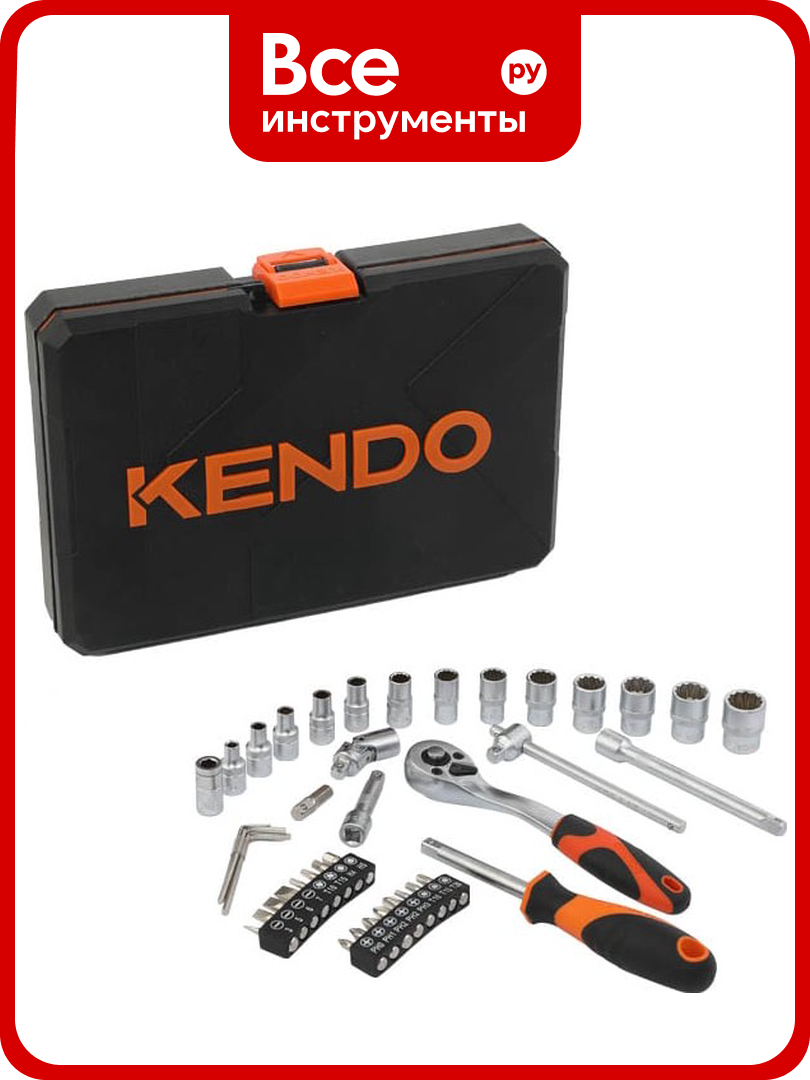 Набор инструмента с трещоткой KENDO 1/4" 42 шт. 90562, комплект с 12‑гранными головками, битами SL и т‑образным воротком
