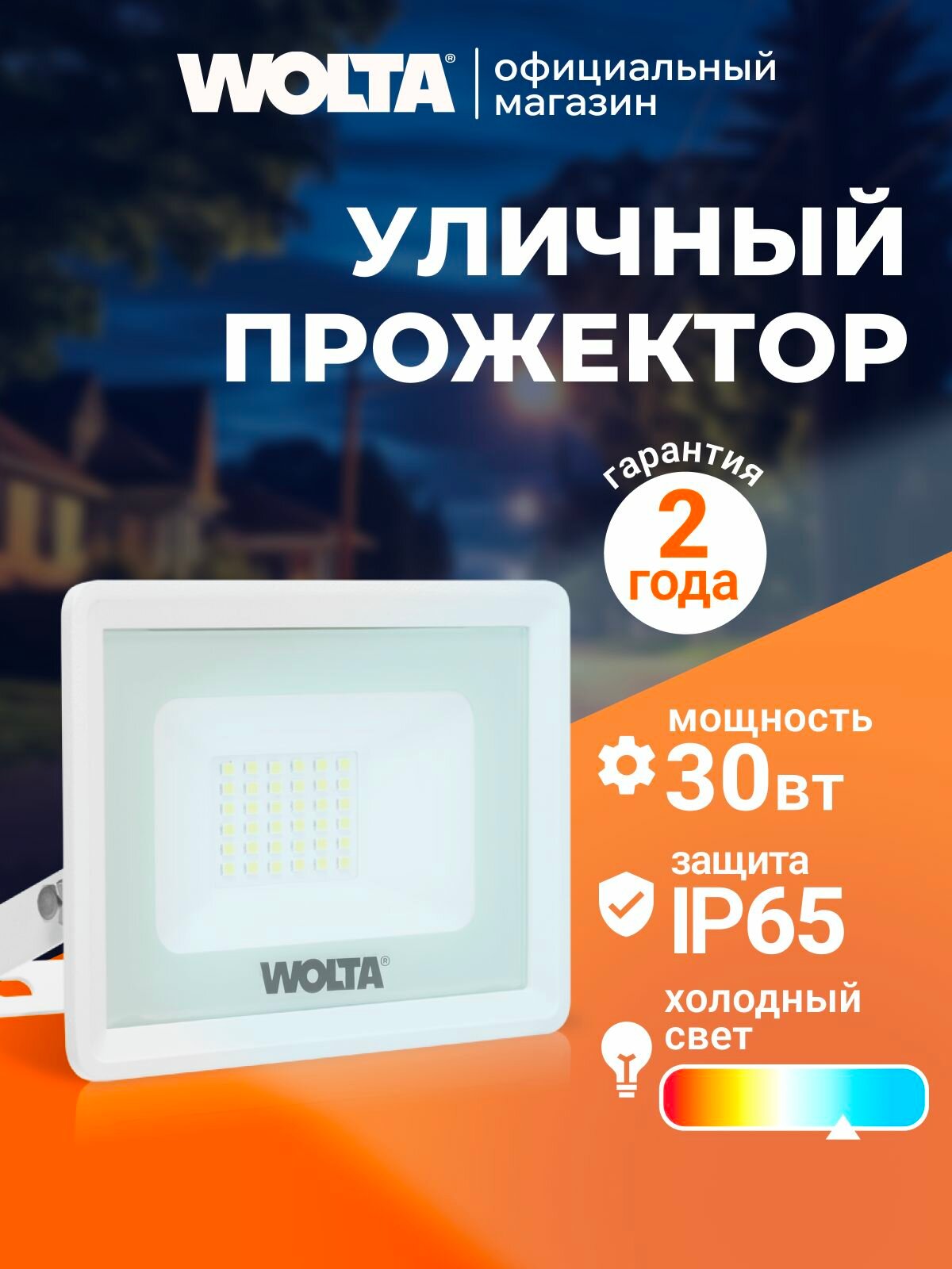 Прожектор светодиодный уличный 30Вт, 2700 Лм, 5700К, влагозащита IP65