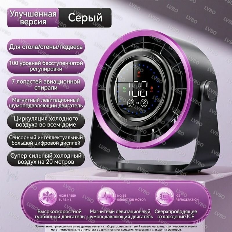 Настольный вентилятор с 100 скоростями, фиолетовый, USB-зарядка, тихий, с цифровым дисплеем