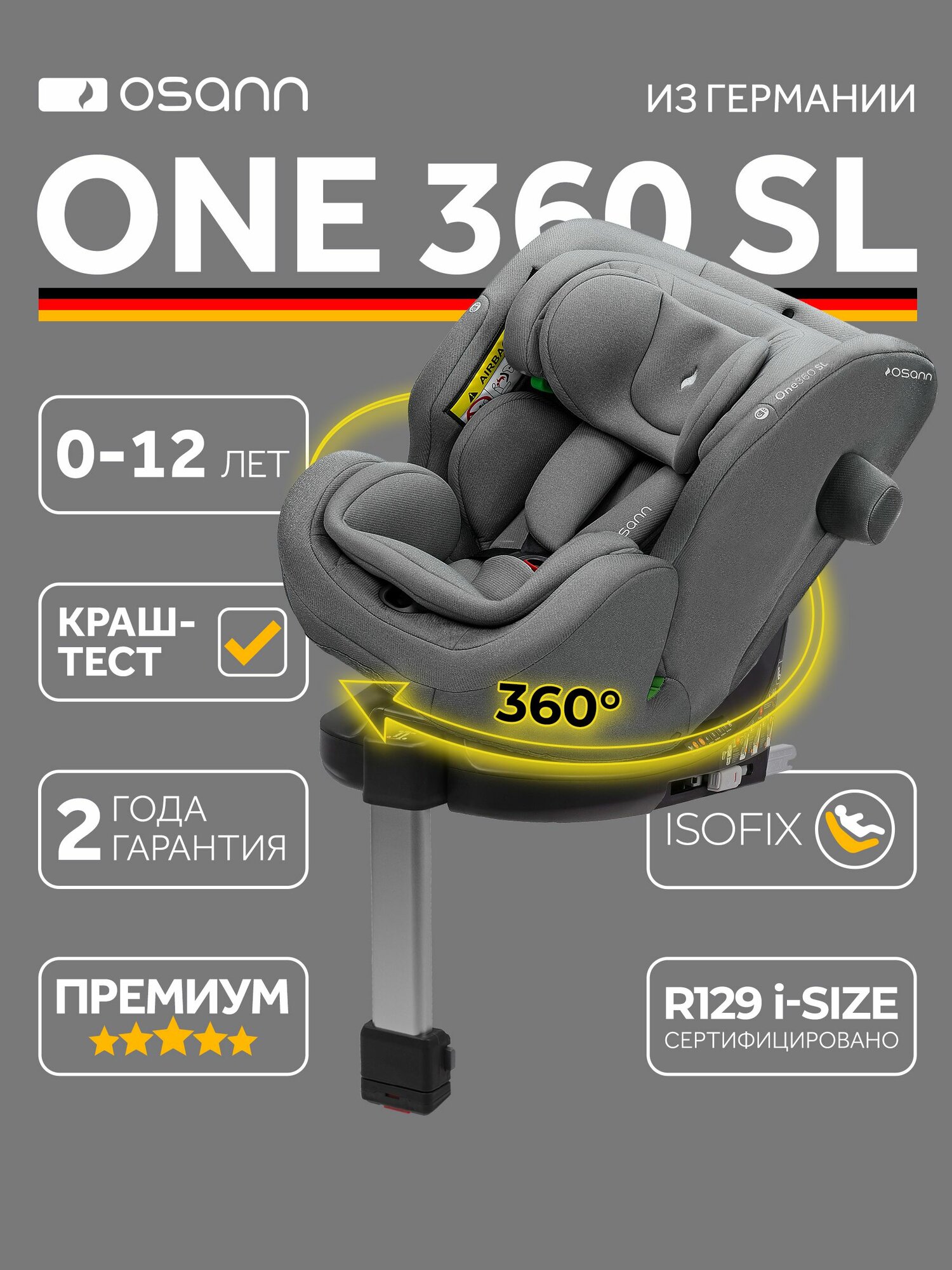 Автокресло детское Osann One360 SL Iron (светло-серый) для новорожденных и детей до 12 лет, от 40 до 150 см, 0-36 кг, c ISOFIX и опорной ногой