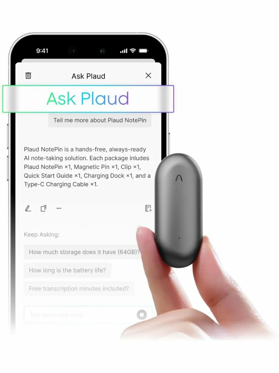 Минидиктофон Plaud NotePin с ИИ, 112 языков, серый