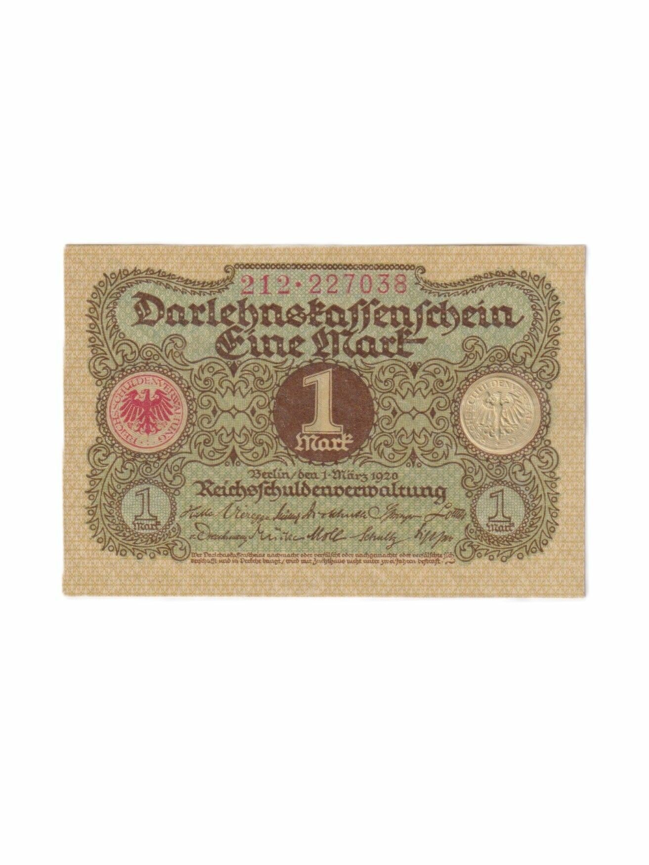 Подлинная банкнота 1 марка Германия 1920 года